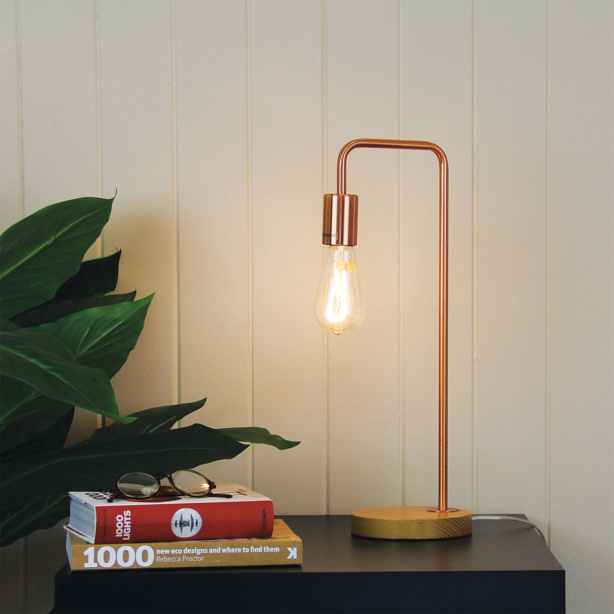 Lane Table Lamp Base Timber With Copper Arm – Cosmo Lighting Kensington